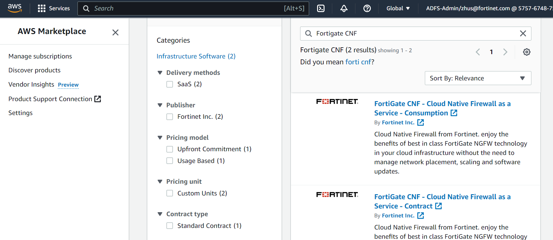 AWS Marketplace subscribe quicklaunch workflow 23.3.b | FortiGate CNF 23.3.b | Fortinet Document ...